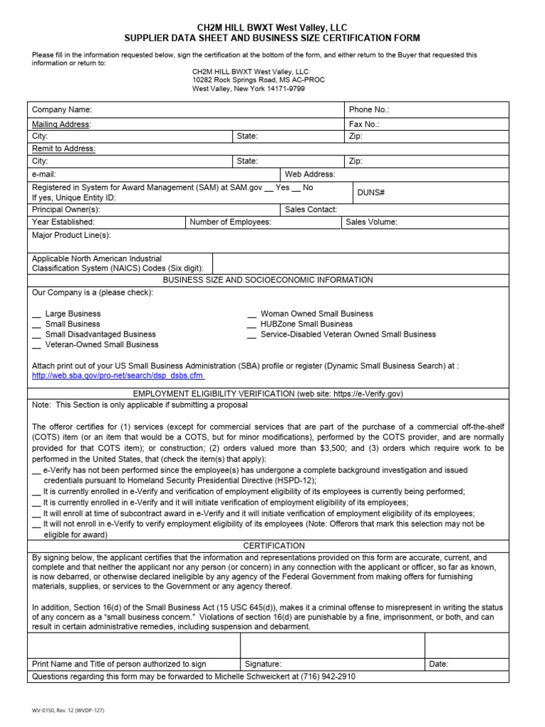 Supplier Data Sheet & Certification Form | PDF | E Verify | Government