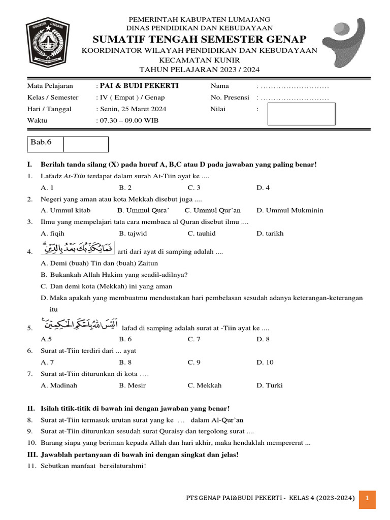 Soal PAI Kls 4 KURMER STS Genap 2024 | PDF