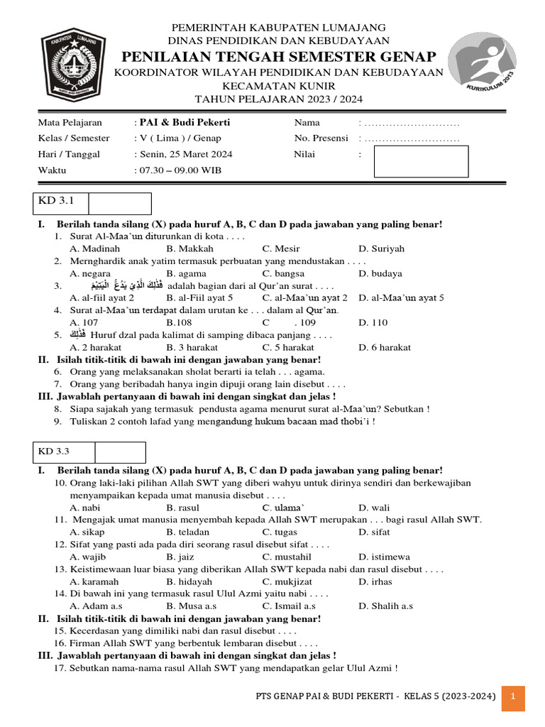 Soal PAI Kls 5 K13 PTS Genap 2024 | PDF | Agama & Spiritualitas