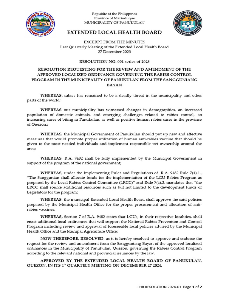 LHB-Resolution-RABIES CONTROL PROGRAM PANUKULAN | PDF | Rabies | Government