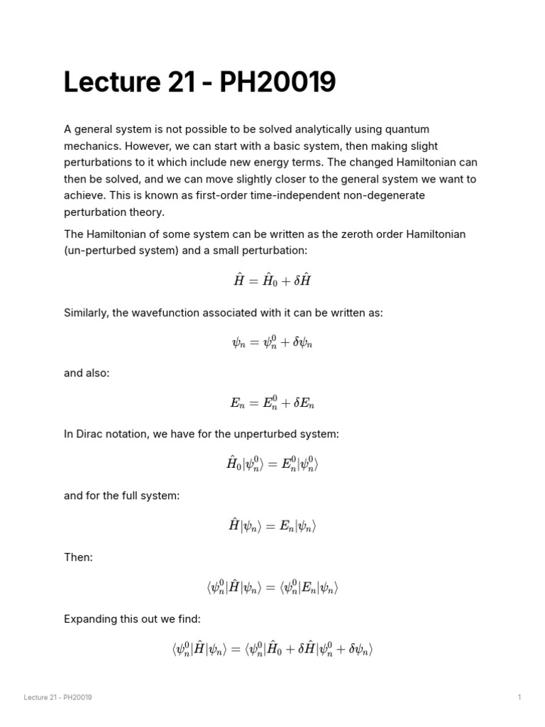 Lecture 21 - PH20019 | PDF | Perturbation Theory (Quantum Mechanics) | Mathematical Physics