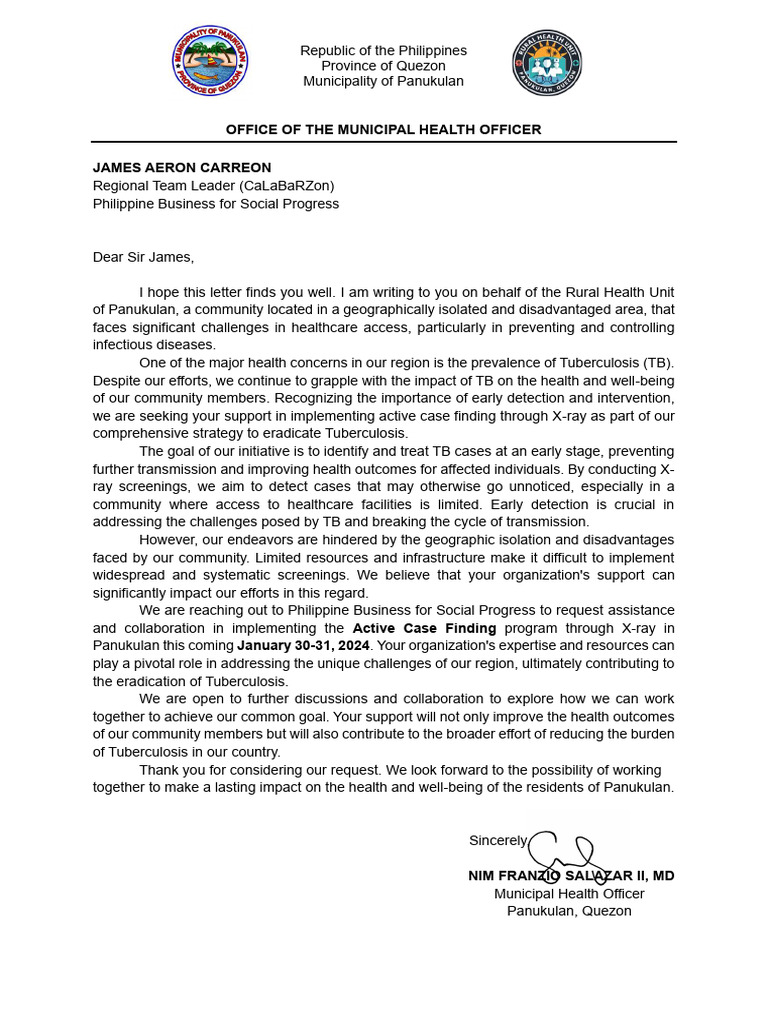 PBSP Letter - Rhu Panukulan | PDF | Tuberculosis | Social Programs
