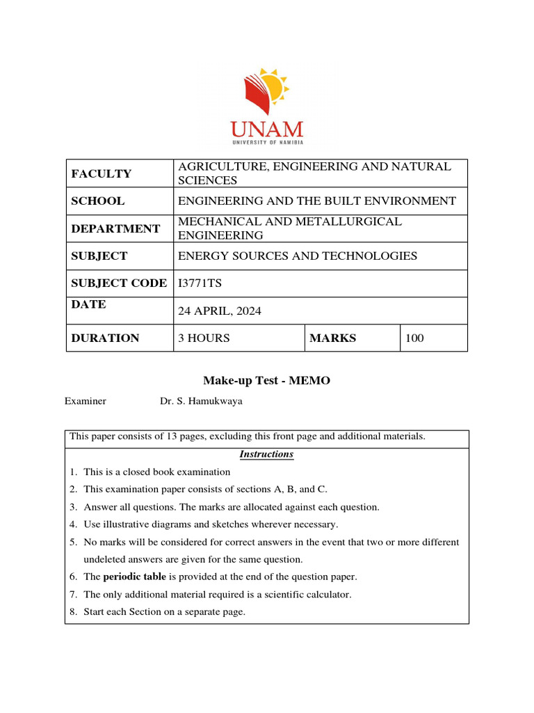 Make Up Test 24 April 2024 MEMO | PDF | Combustion | Fuel Cell