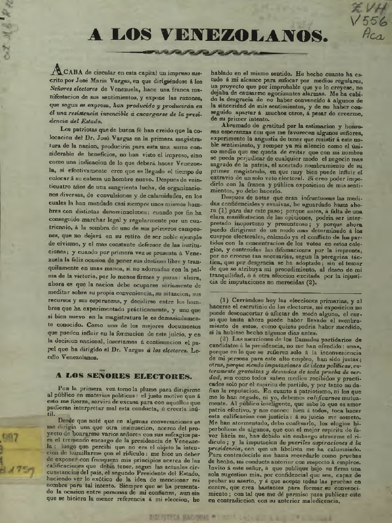 Proclama A Los Venezolanos Del Presidente Jose Maria Vargas 1834 | PDF ...