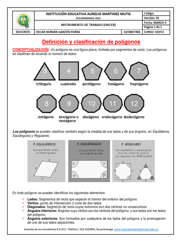 Guía Clasificación de Polígonos 6° Ieamm 2024 | PDF | Polígono | Ángulo