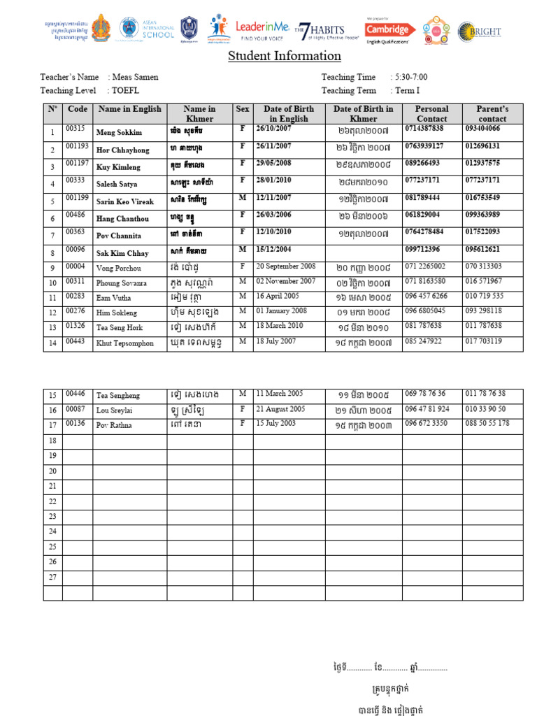 SAMPLE - Student Information - TTO - 2024 | PDF