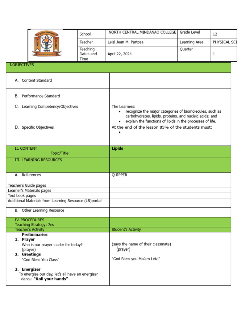 Lipids Lesson Plan for Grade 12 | PDF | Lipid | Fatty Acid
