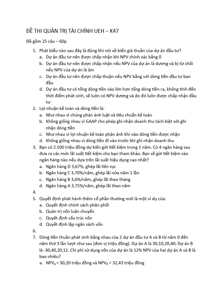 ĐỀ THI QUẢN TRỊ TÀI CHÍNH UEH | PDF