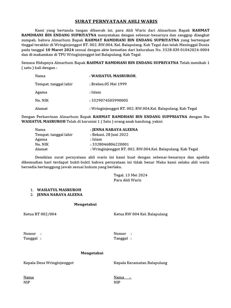 Surat Pernyataan Ahli Waris Rahmat Ramdhani | PDF