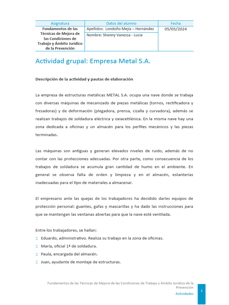 Empresa Metal Sa | PDF | Factores humanos y ergonomía | Higiene