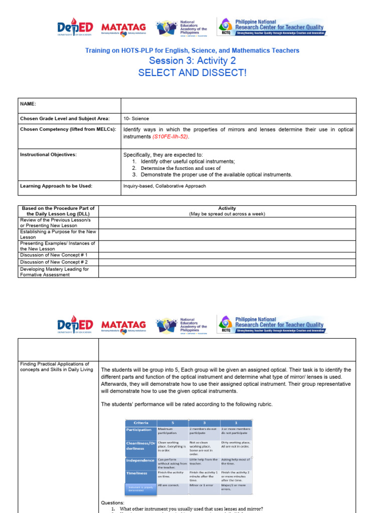 Select and Dissect Group Template | PDF | Optics | Teaching
