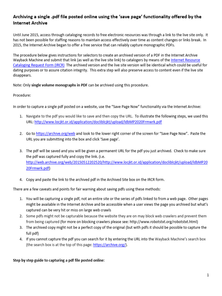 Archiving Pdfs Using The Internet Archive Wayback Machine Pdf