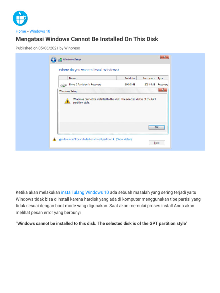 [Fix] Mengatasi Windows Cannot Be Installed on This Disk | PDF