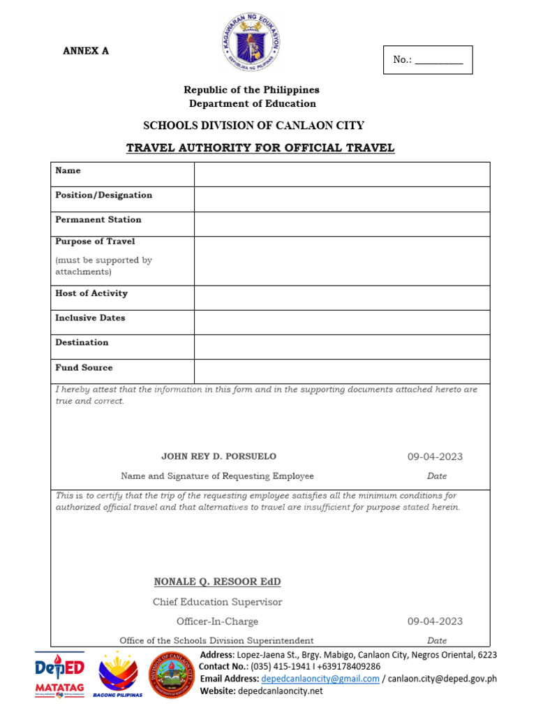 Travel Authority Form for DepEd Canlaon | PDF