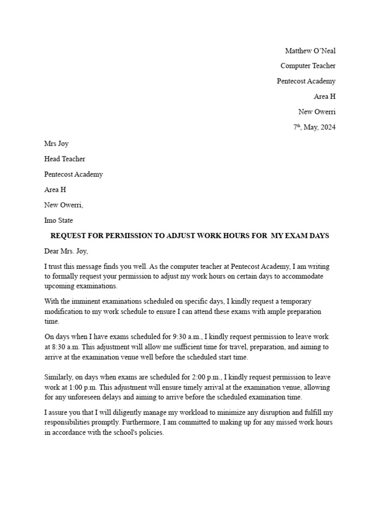 Request For Permission To Adjust Work Hours For Exam Days | PDF