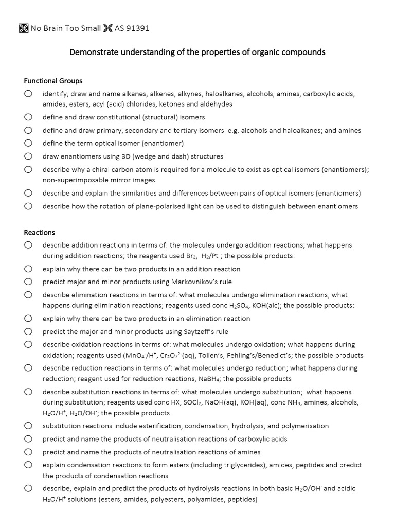 Che - 91391 Organic Checklist | PDF | Ester | Amide