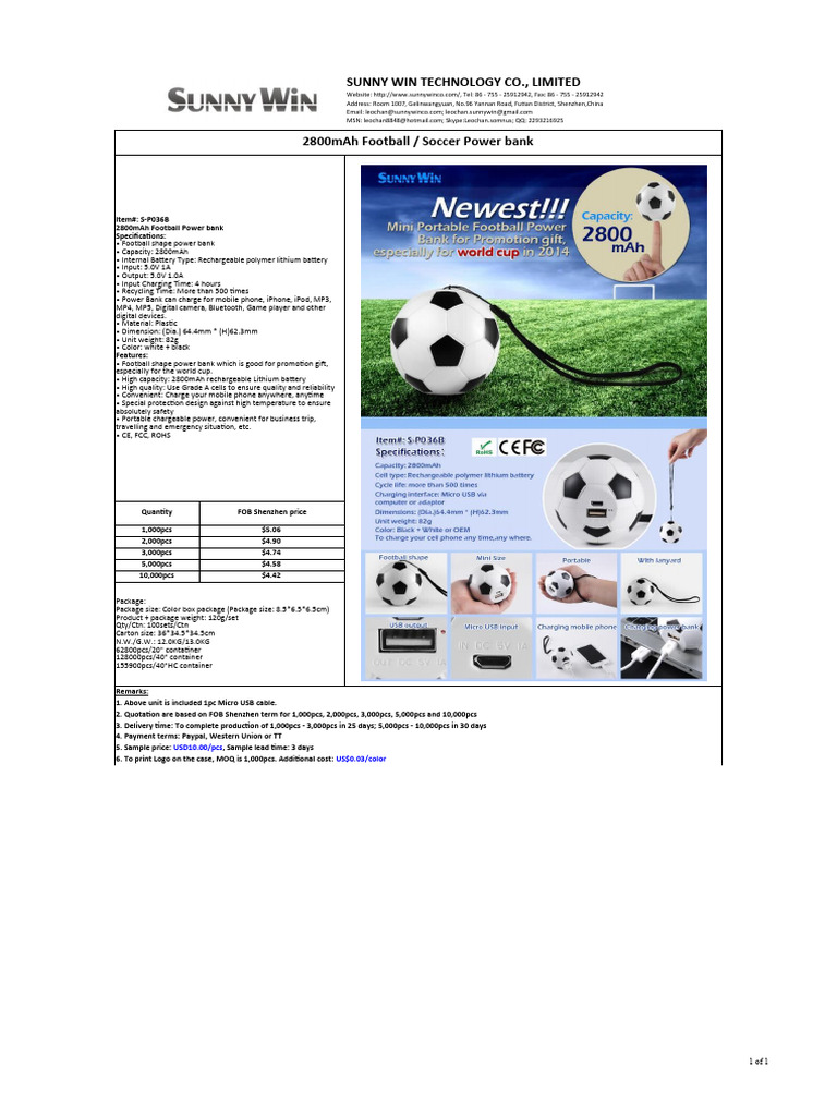 2800mah Football Power Bank S-P036B Quotation 1128 - Sunnywin | PDF ...