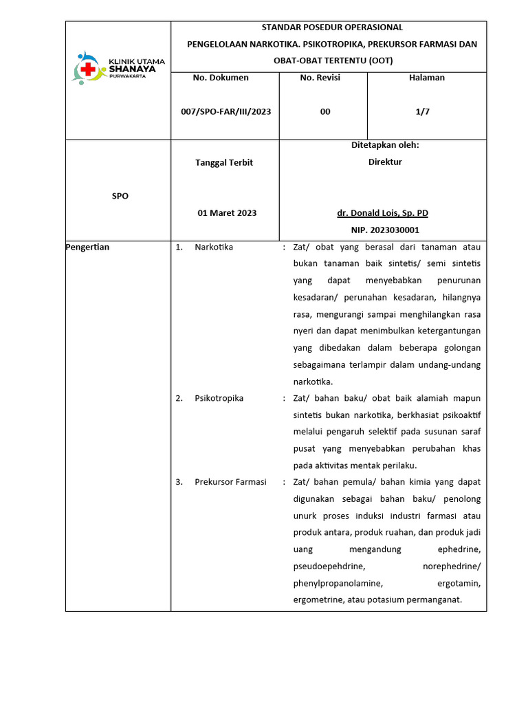 Spo Pengelolaan Narkotik, Psikotropik, Prekursor Dan Oot | PDF
