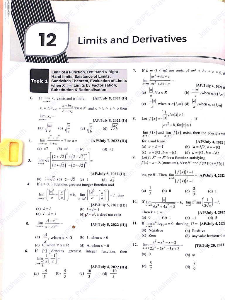 Limits and Derivatives PYQs | PDF