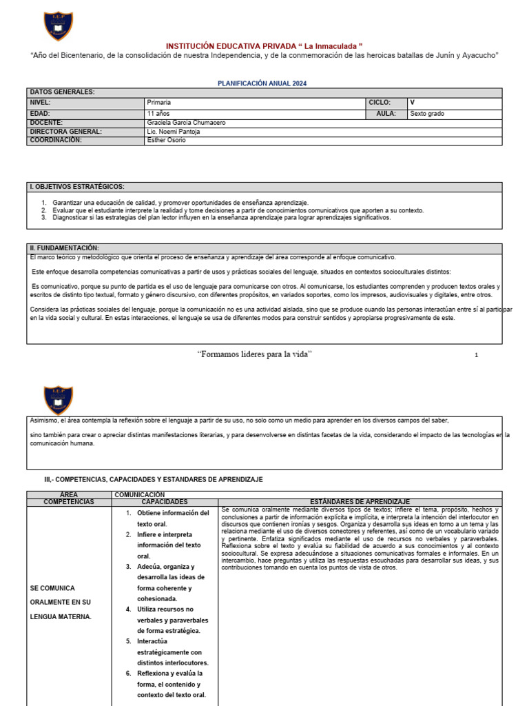 Planificación Anual Sexto Grado Graciela | PDF | Evaluación | Enseñando