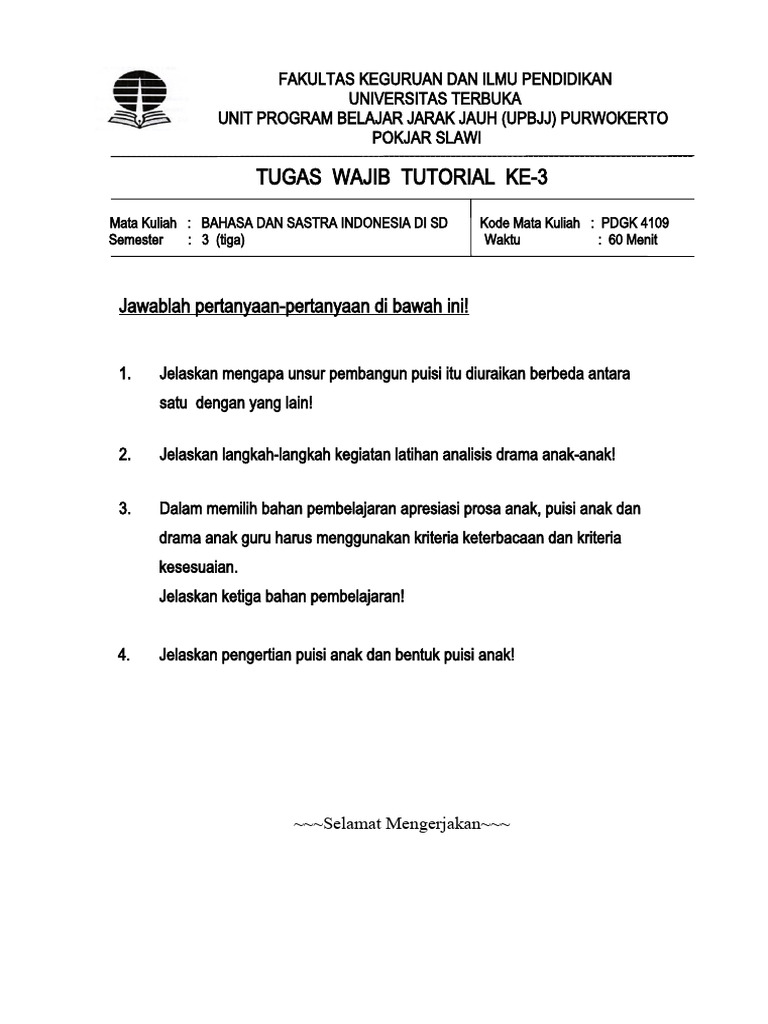 SOAL TUGAS TUTORIAL 3 BAHASA DAN SASTRA INDONESIA | PDF