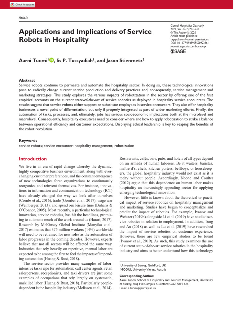 Applications And Implications Of Service Robots In Hospitality Pdf