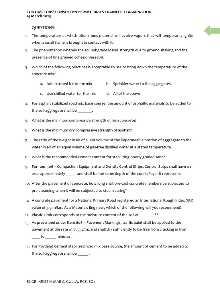 2023 Mar CCME - Questions | PDF | Concrete | Road Surface