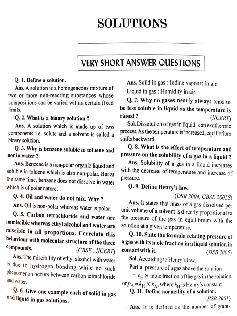 Imp Questions Solutions 2023 | Download Free PDF | Solubility | Molar Concentration