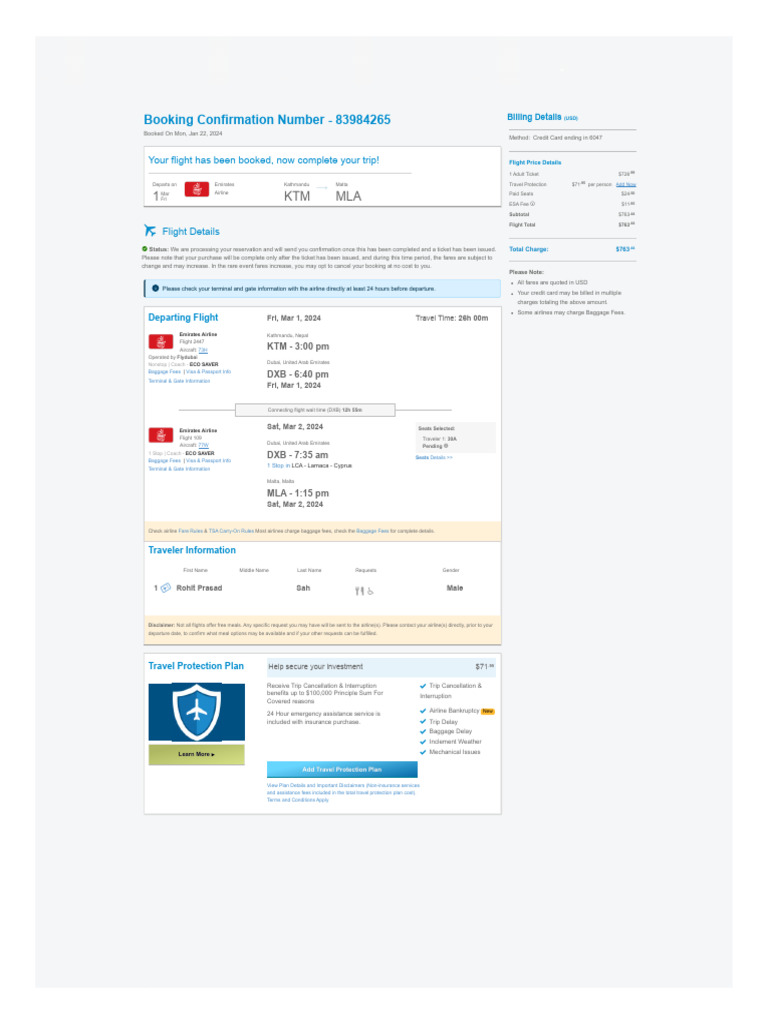 Flight Booking Confirmation: Emirates | PDF | Airlines | Aviation