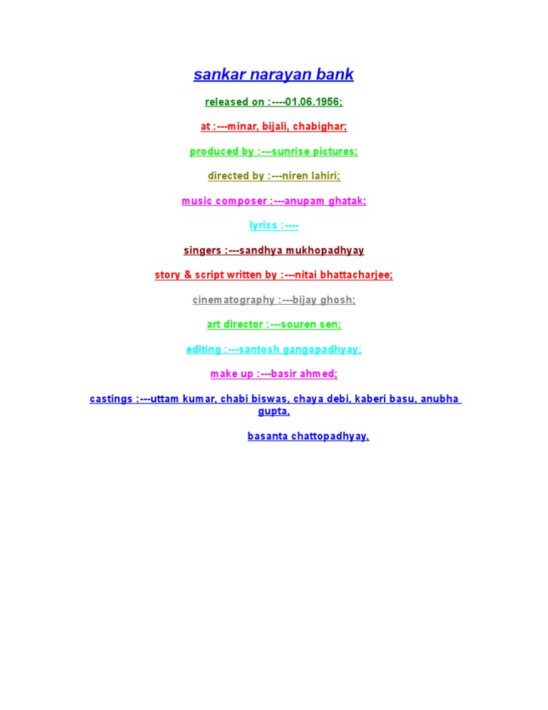 Sankar Narayan Bank: 1956 Film Details | PDF