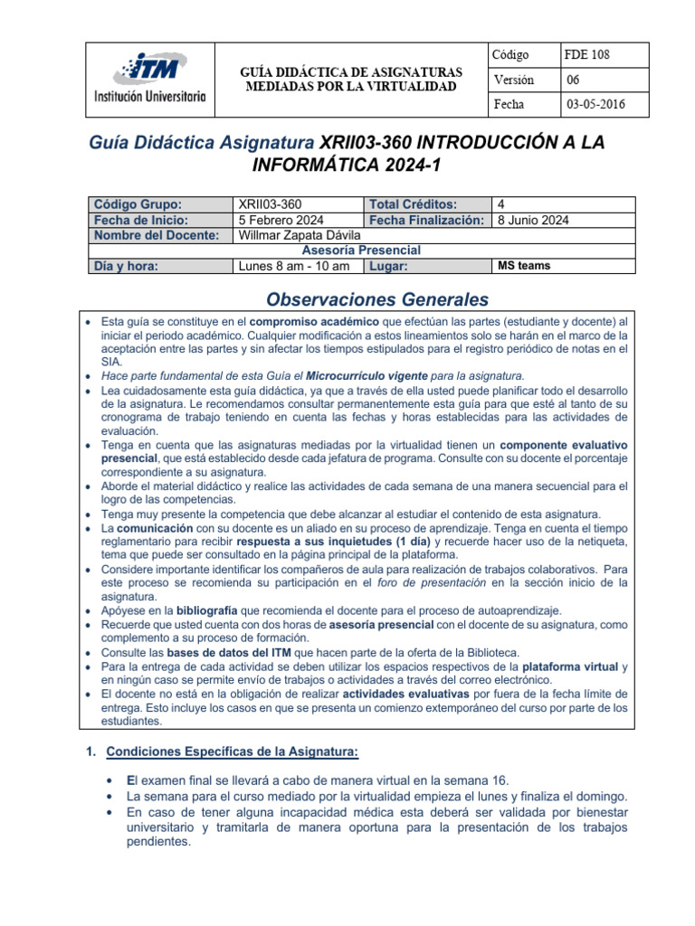 Guía Didáctica Introducción A La Informática 2024-1 | PDF | Información | Datos