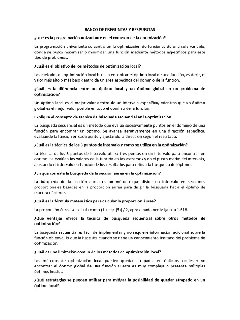 BANCO DE PREGUNTAS Y RESPUESTAS[1] | PDF | Optimización Matemática | Matemáticas Aplicadas