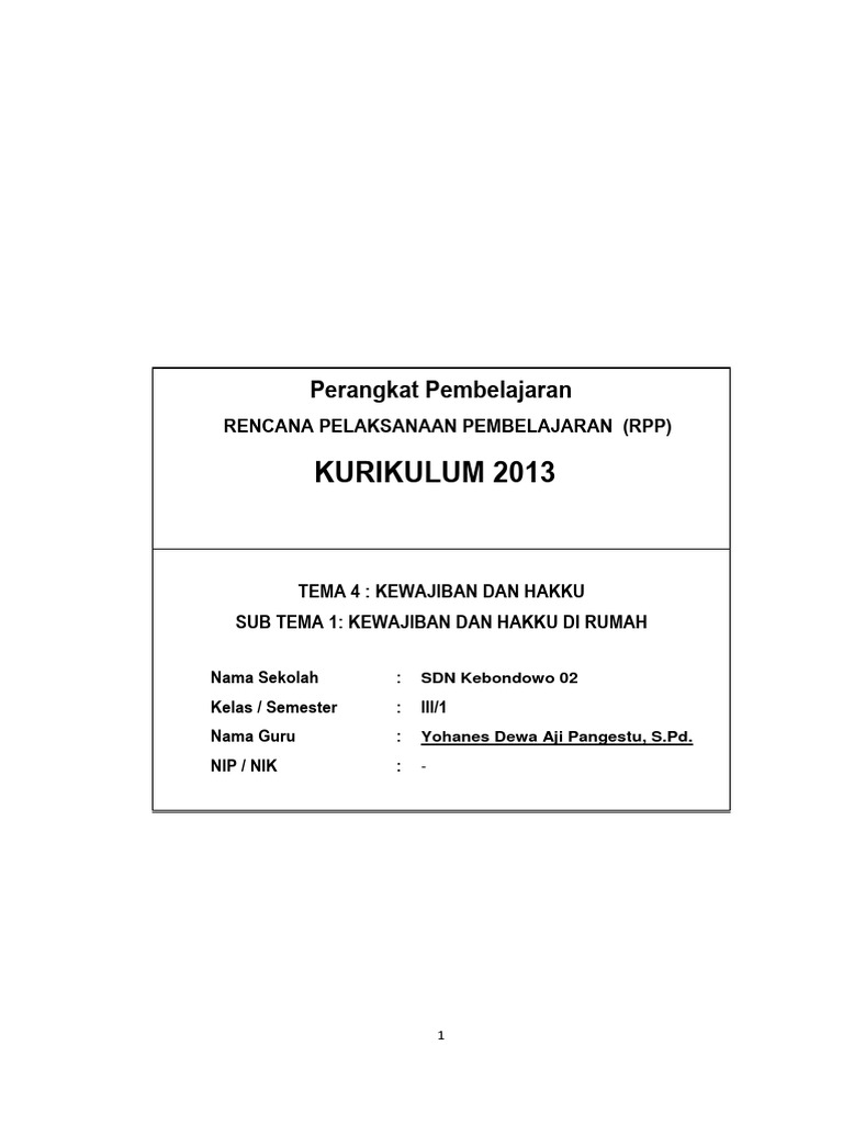 RPP K3 TEMA 4 ST 1 (Yohanes Dewa Aji Pangestu) | PDF