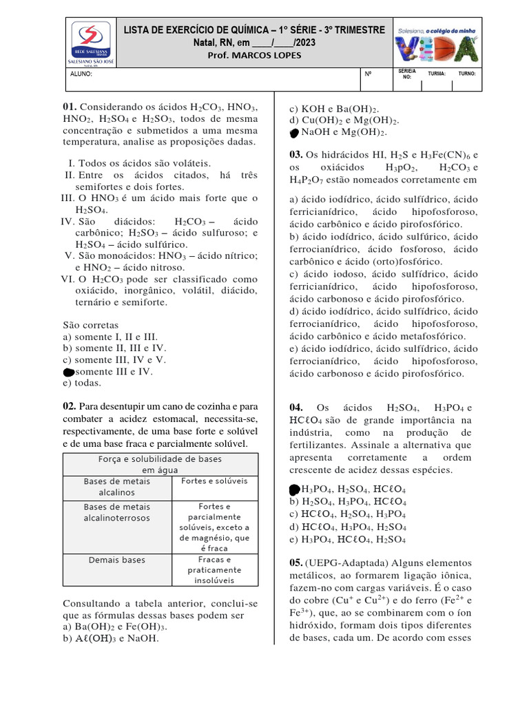 LISTA DE EXERCÍCIO DE QUÍMICA - SUBSTÂNCIAS INORGÂNICAS - Cópia | PDF | Solubilidade | Ácido