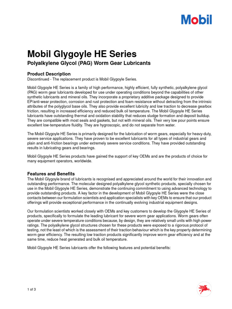 Mobil Glygoyle HE Series (Discontinued) | PDF | Lubricant | Materials