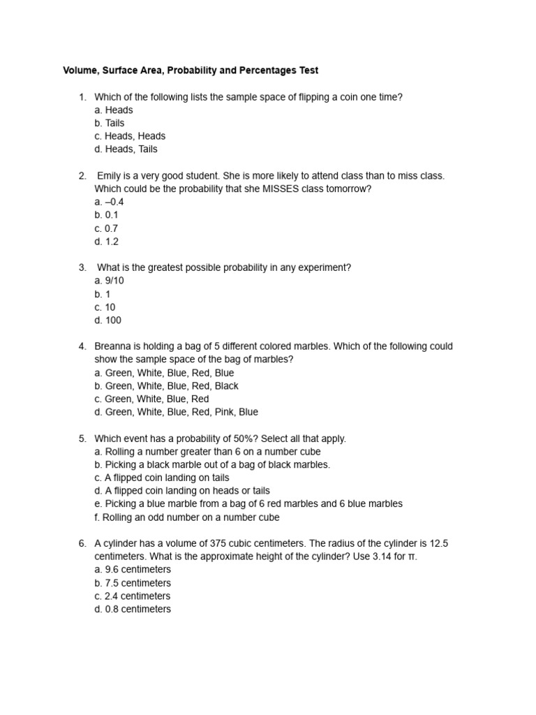 Volume, Surface Area, and Probability Test | PDF | Area | Volume