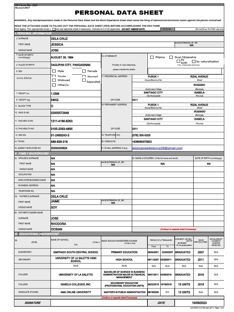 Pds For Pnp Of Jessica As Of October 9 2023 4 Copies Pdf