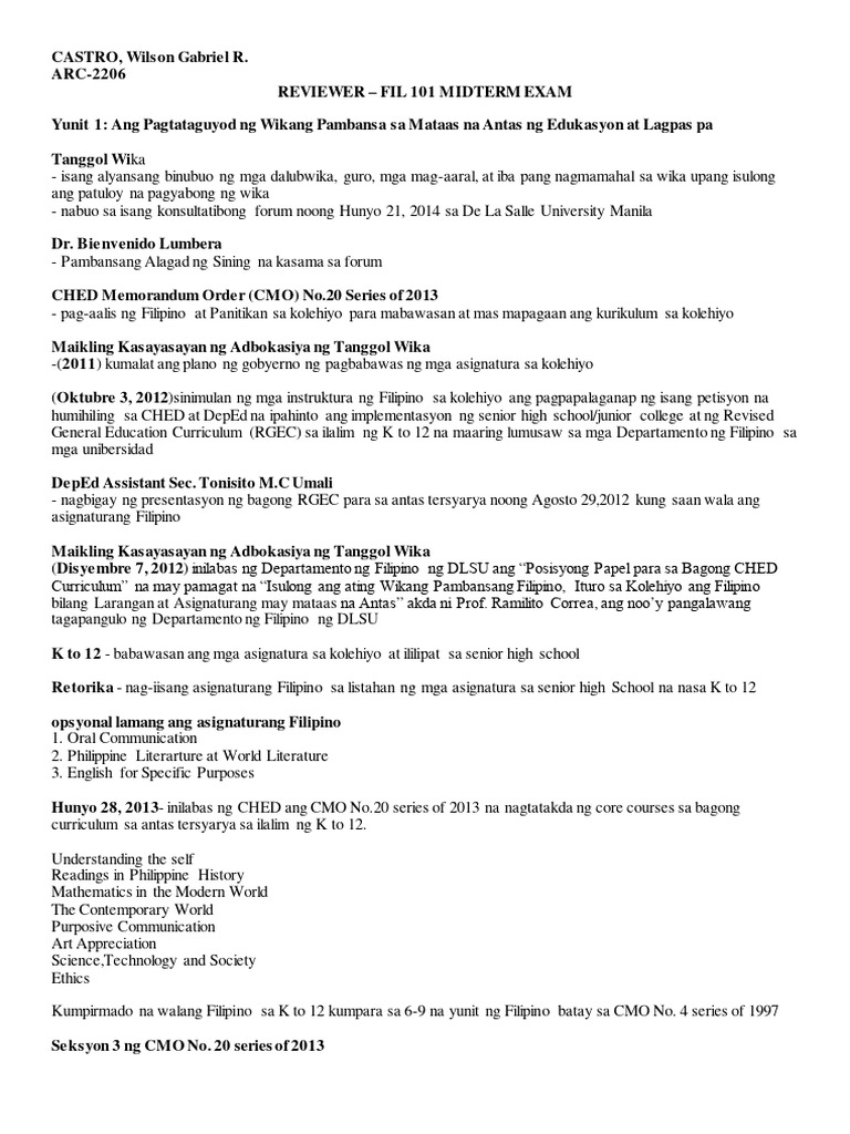 Reviewer in Filipino Midterm | PDF