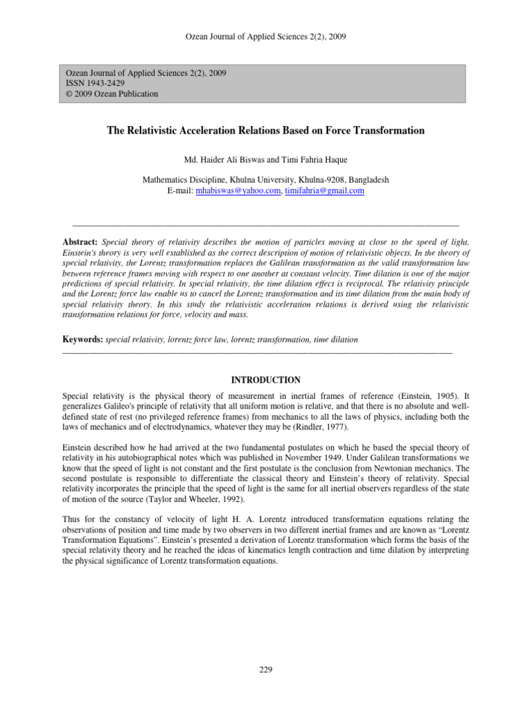 The Relativistic Acceleration Relations | PDF | Special Relativity ...