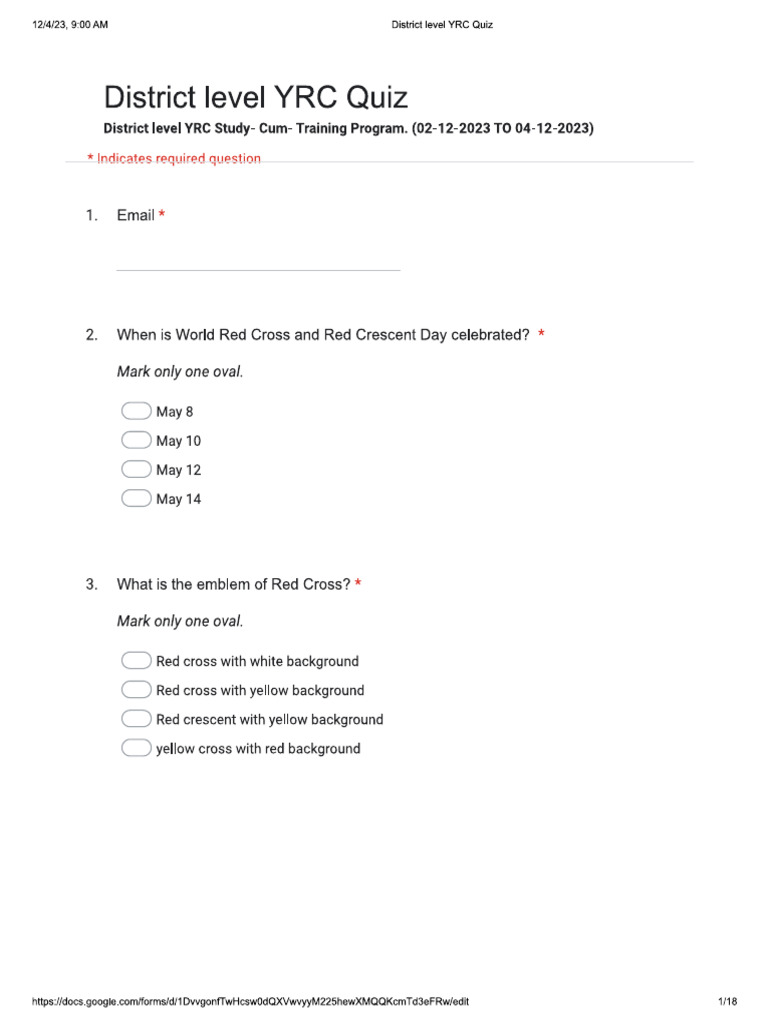 District Level YRC Quiz - Google Forms123 | PDF