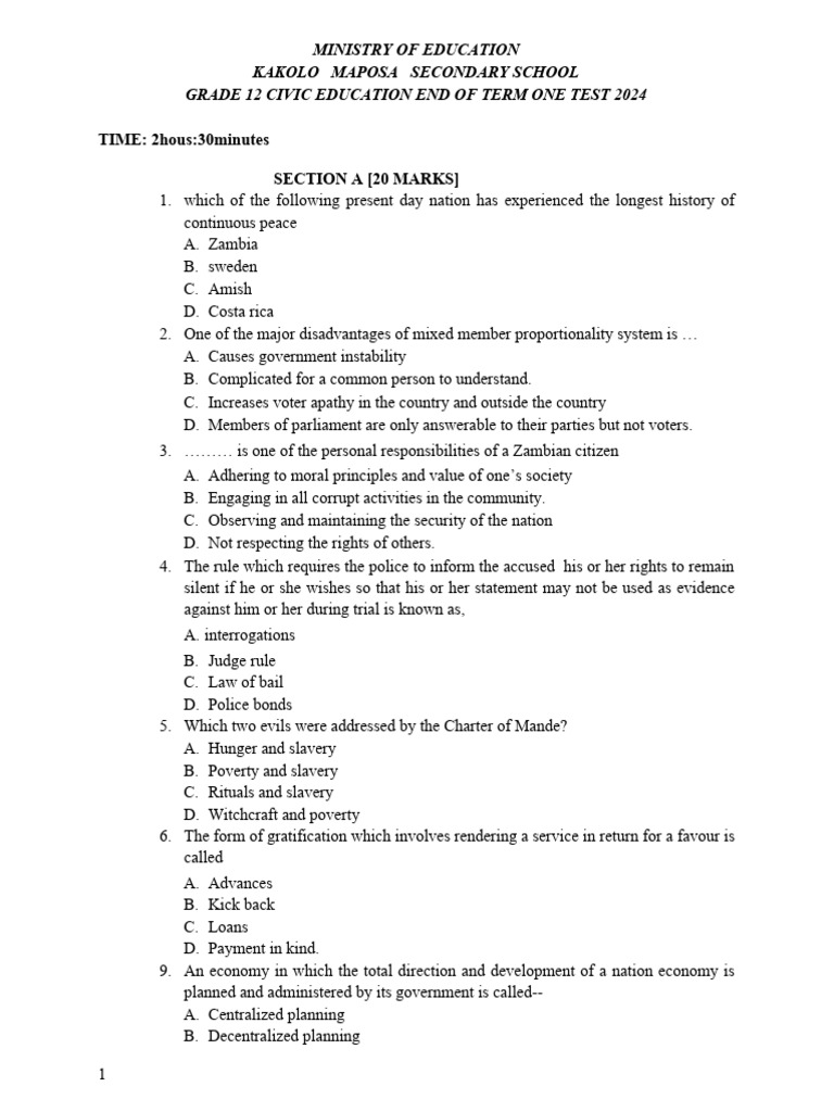 Grade 12 Civic Education Test 2024 | PDF | Human Rights | Governance