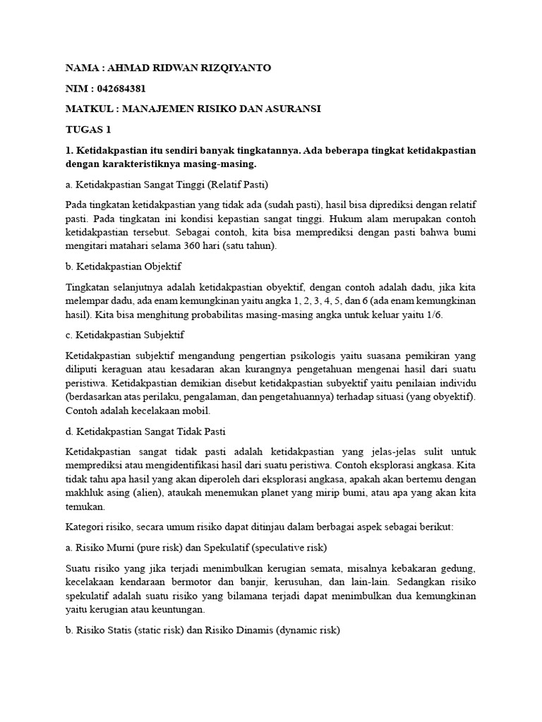 Tugas 1 Manajemen Risiko Dan Asuransi | PDF