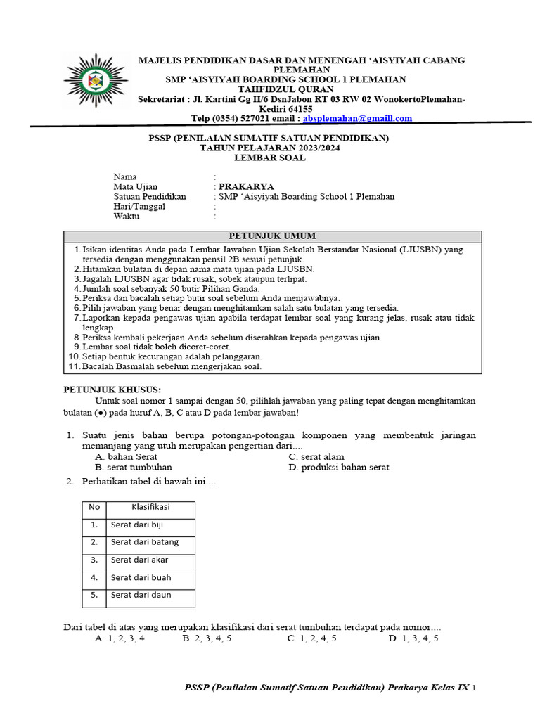 UJIAN PSSP Prakarya Kls 9 | PDF
