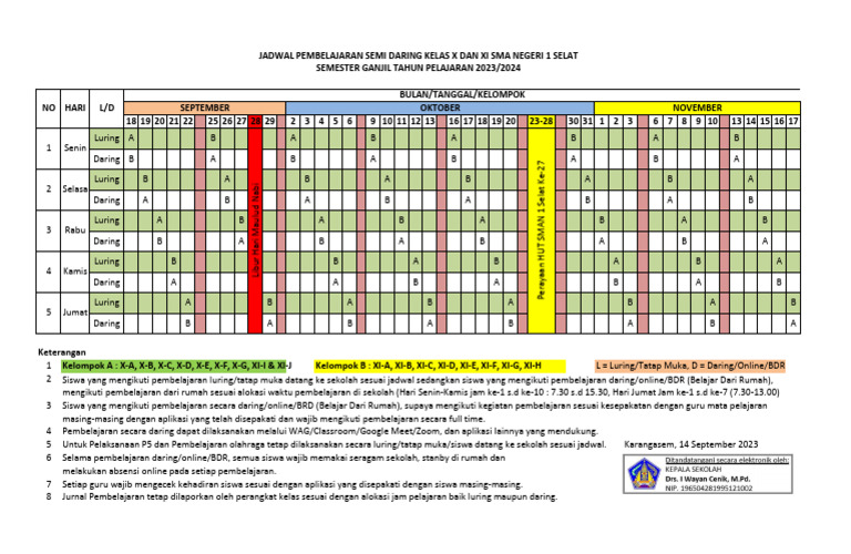 Jadwal Pembelajaran Semi Daring Kelas X & XI 2023 Kirim 2 | PDF