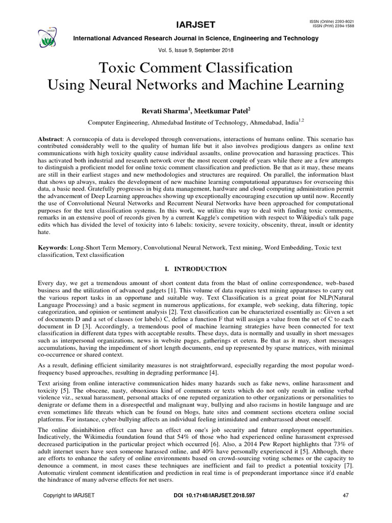 Sharma, Patel - 2018 - Toxic Comment Classification Using Neural Networks and Machine Learning ...