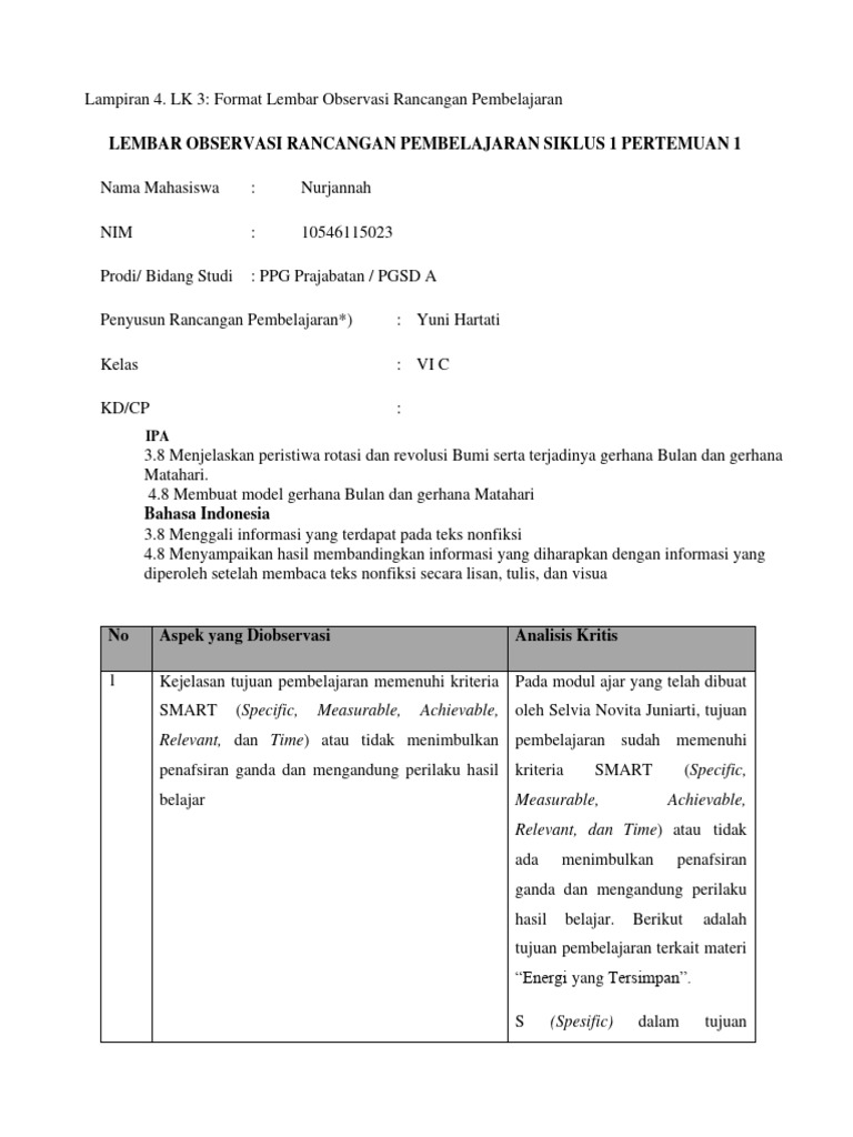 Lembar Observasi Rancangan Dan Perangkat Pembelajaran - Siklus 1. | PDF