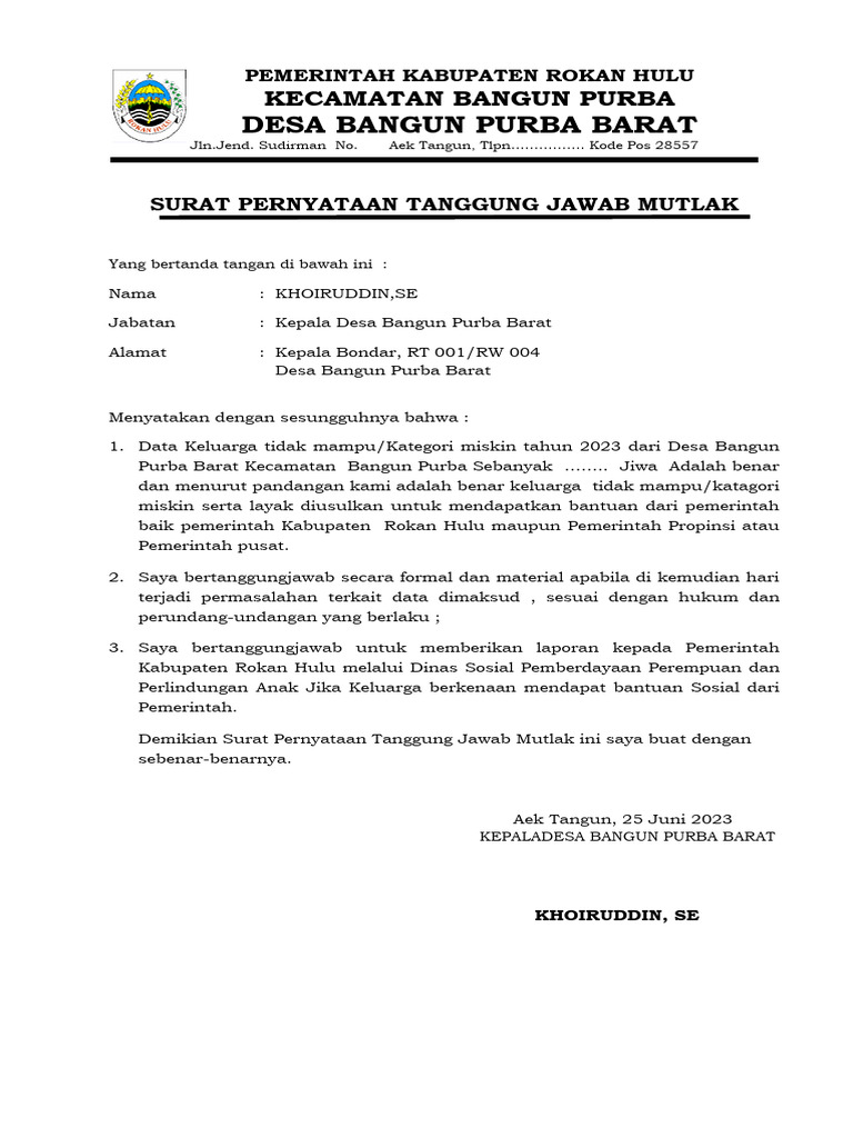 Contoh SPTJM Usulan Bansos 2023 | PDF | Politik | Ilmu Sosial