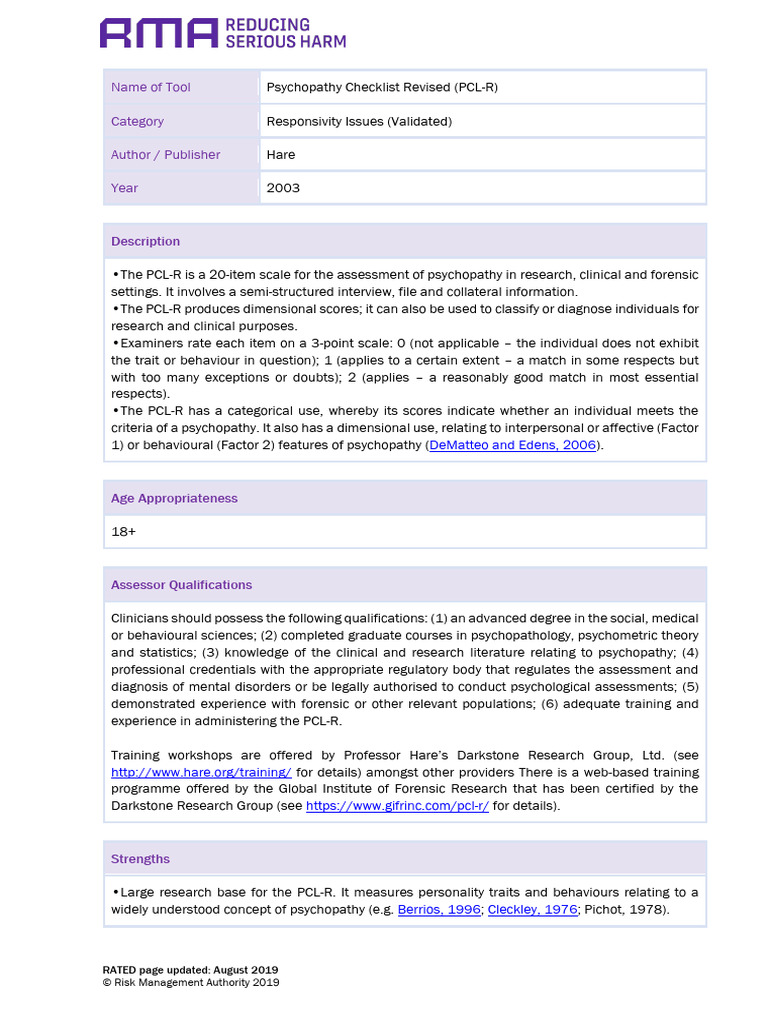 Psychopathy Checklist Revised PCL R | PDF | Psychopathy | Behavioural ...