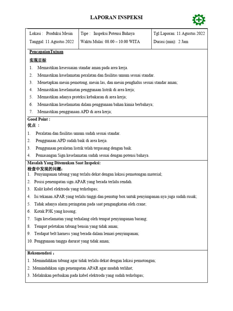 Inspeksi Potensi Bahaya Dept. Produksi Mesin | PDF | Teknologi & Rekayasa