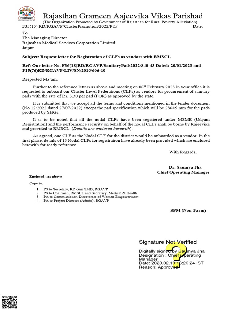 Letter To RMSCL - Vendor Registration | PDF | Government
